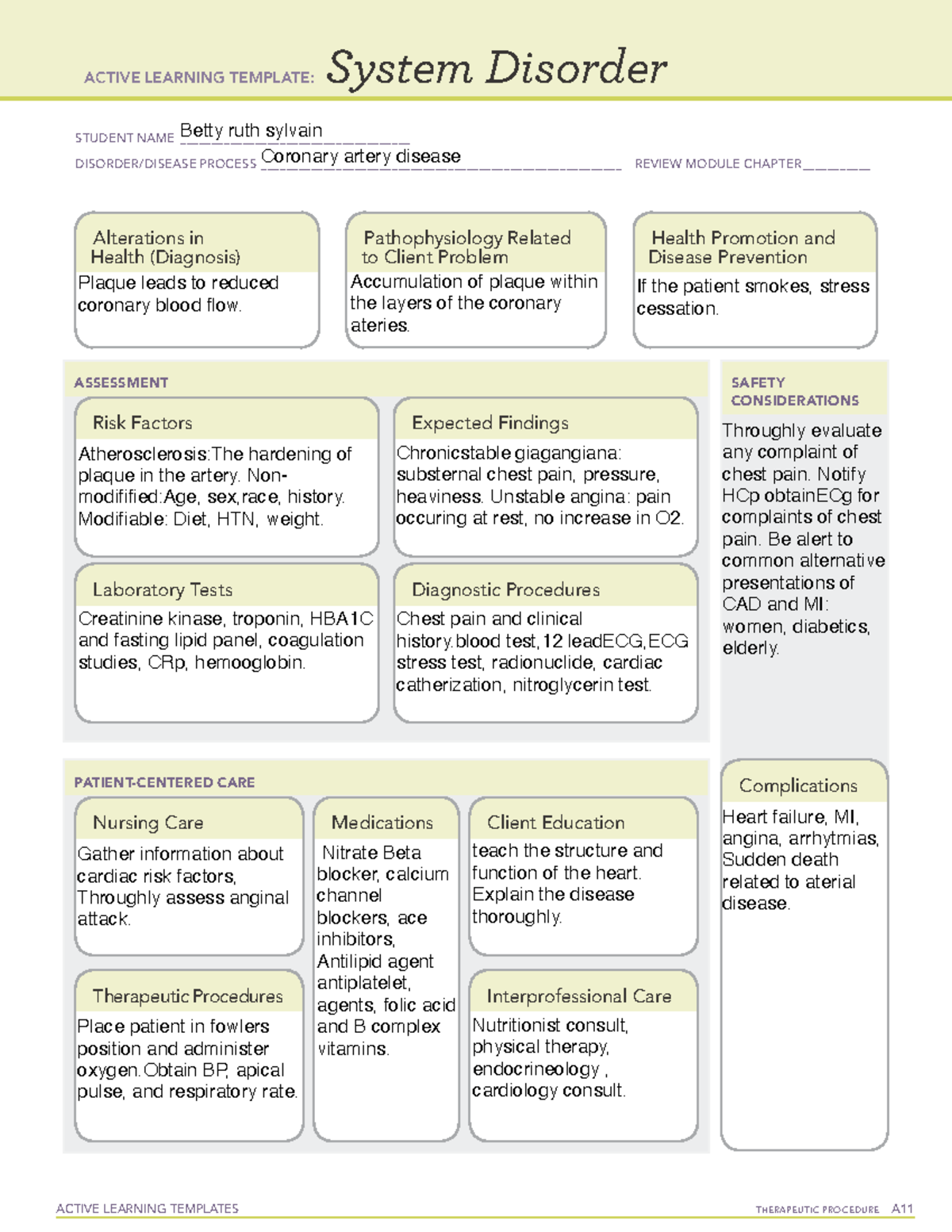 CAD Active Learning Template: Understanding Coronary Artery Disease - Studocu