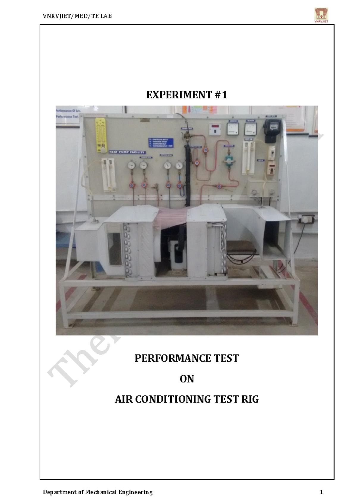Performance Test on Air Conditioning Test Rig - Experiment 1 - Studocu