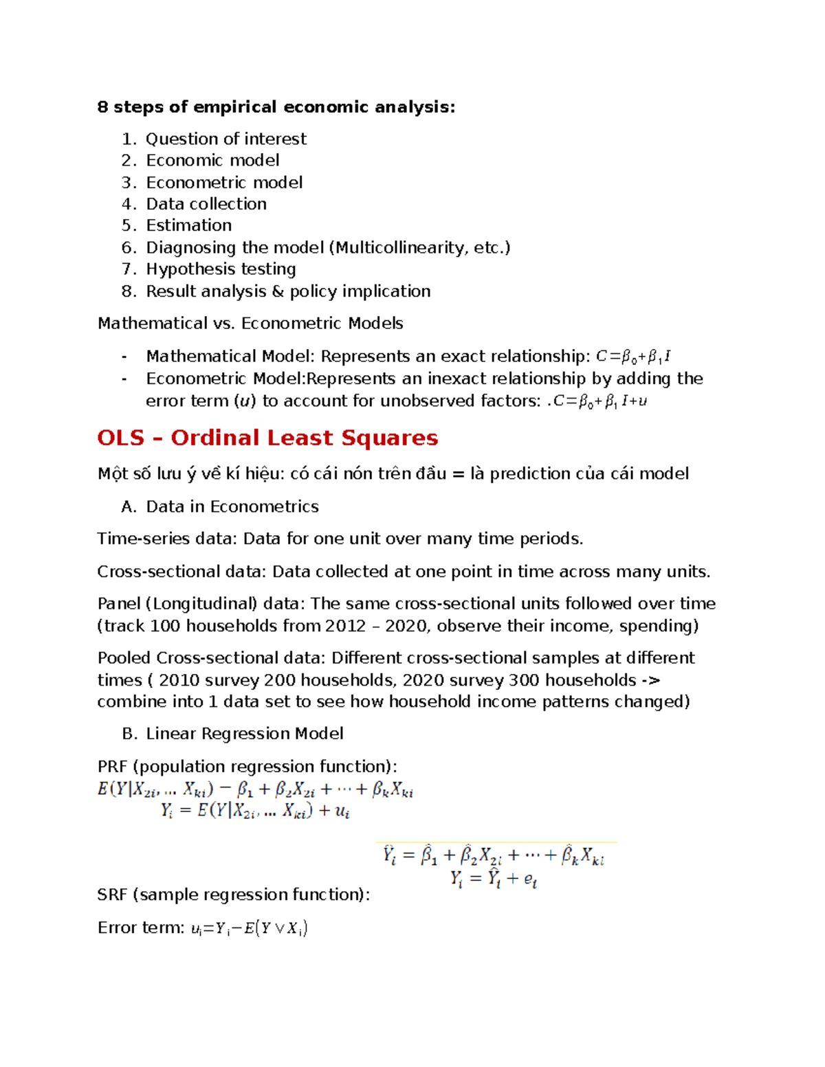 Econometrics Mega Note: 8 Steps in Economic Analysis and OLS Models ...