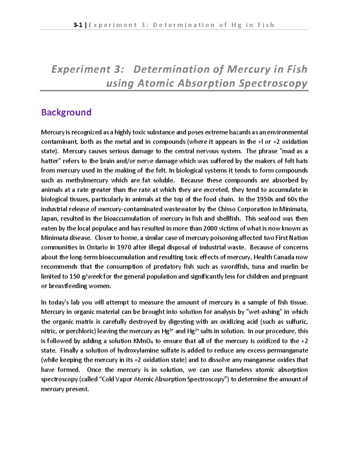 Experiment 3: Determination of Hg in Fish via Atomic Absorption ...