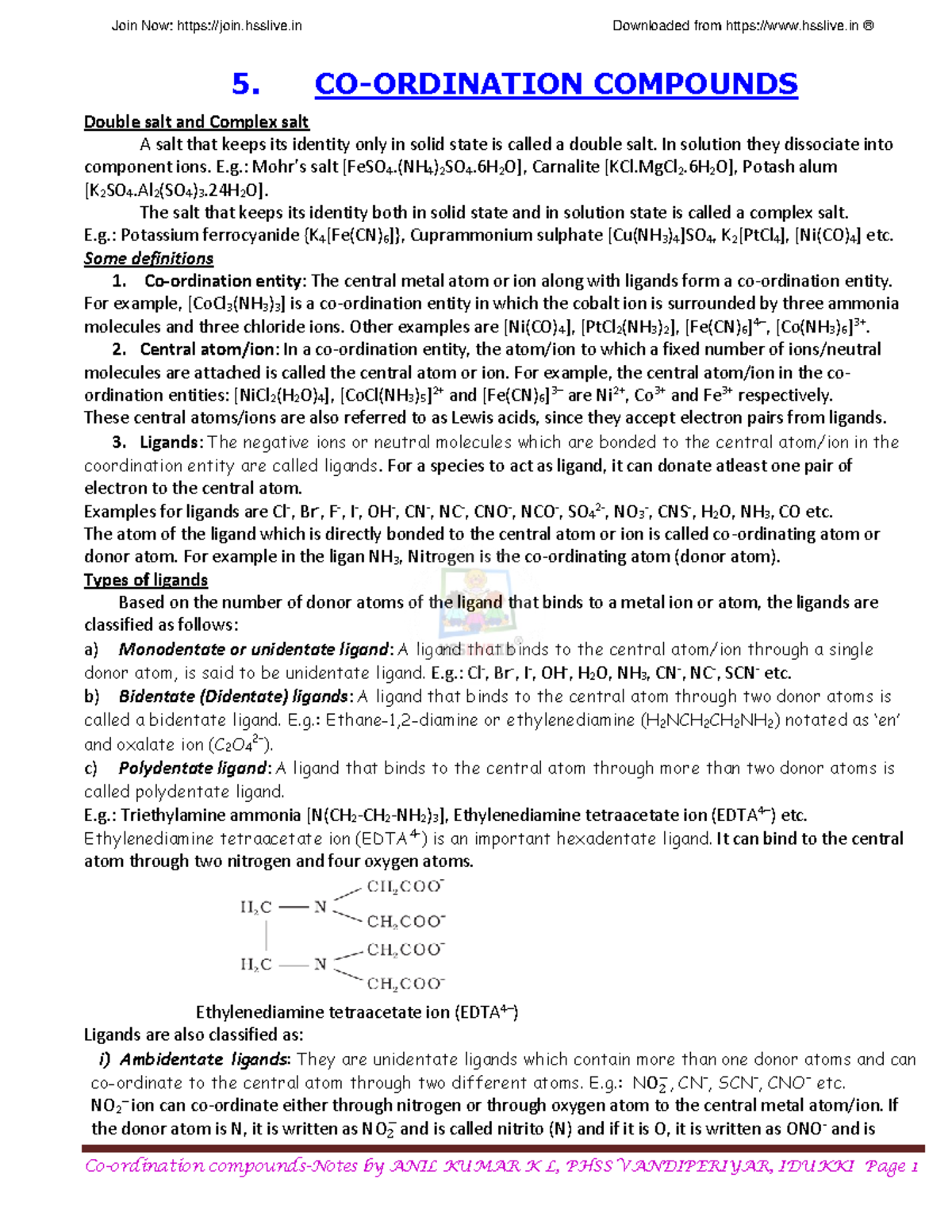 Co-Ordination Compounds: Double and Complex Salts - PHSS 5 Notes - Studocu