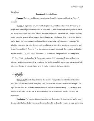 Report 5 - physics lab - Experiment 5: Atwood’s Machine Pre-lab section ...