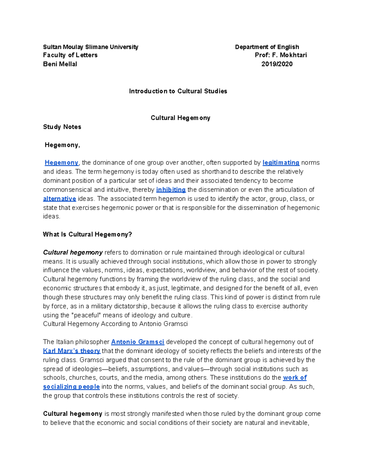 Cultural Hegemony Study Notes - Introduction to Cultural Studies (ENG ...