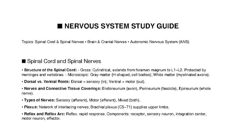 Nervous System Study Guide: Key Topics & Structures - Studocu