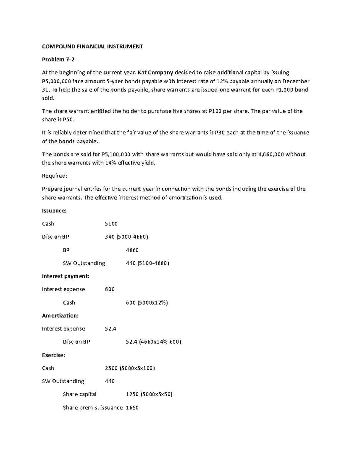 CFI 2023: Kat Company Bond Issuance & Share Warrant Accounting - Studocu