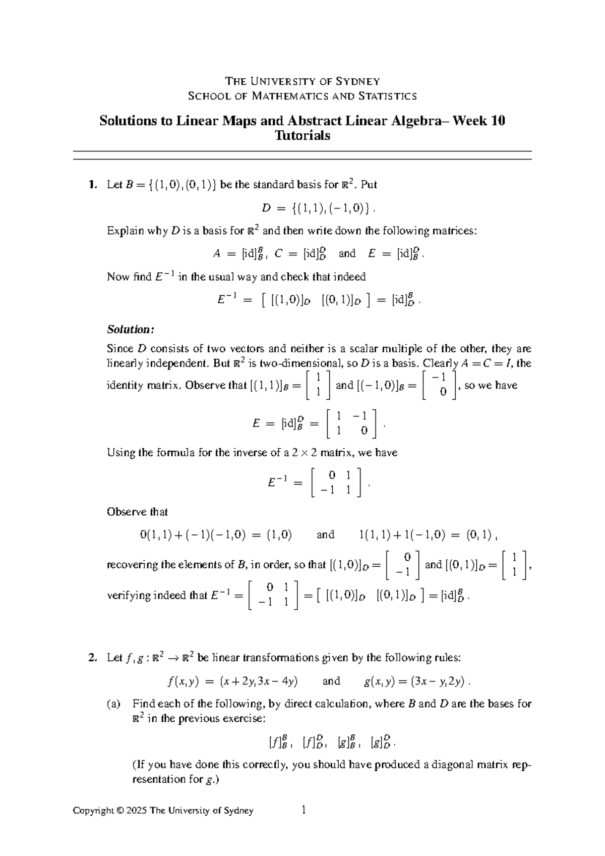 Tutorial 10 Solutions: Linear Maps and Abstract Linear Algebra (MATH101 ...