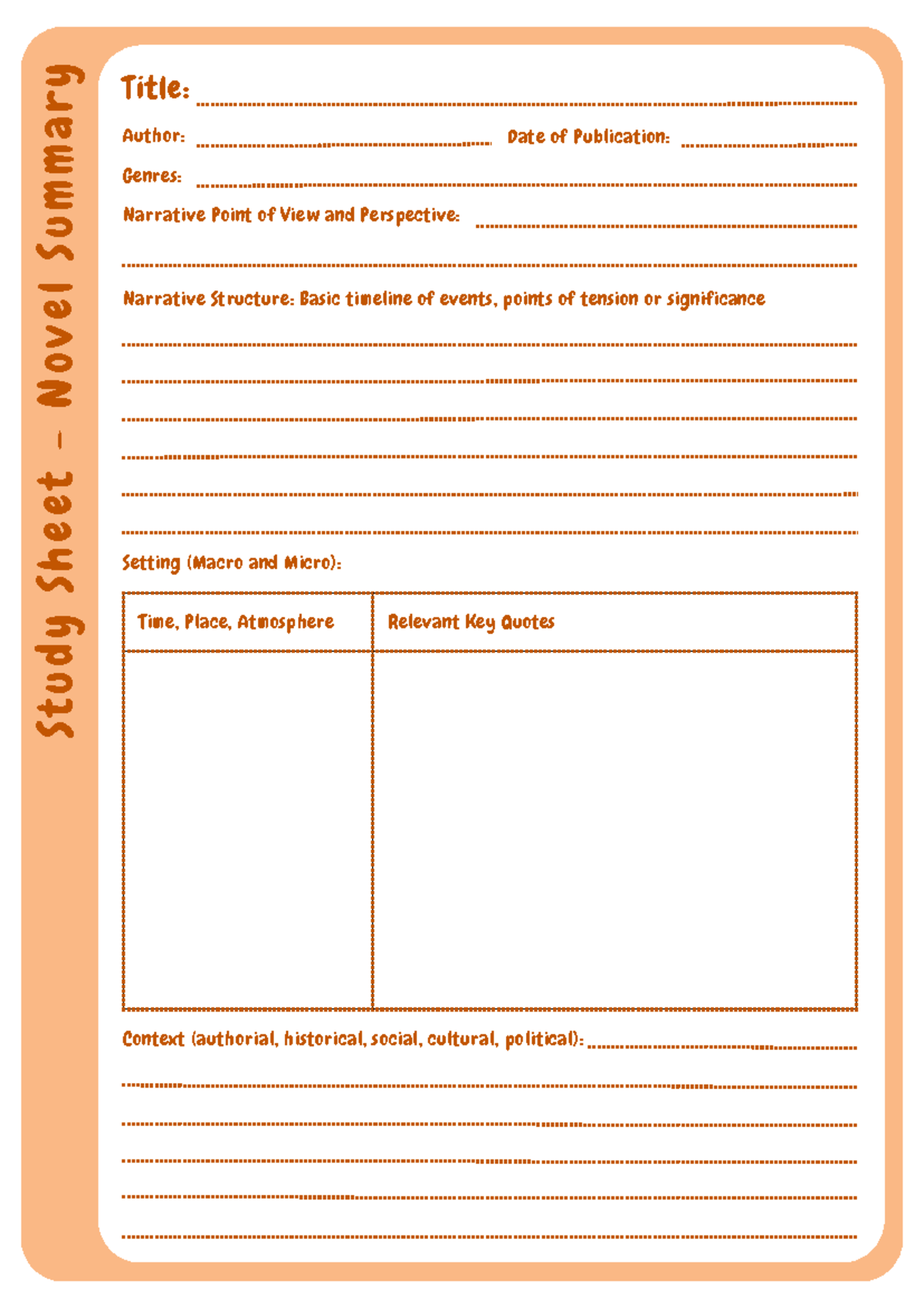 Orange Simple English Literature Novel Study Assessment Summary ...
