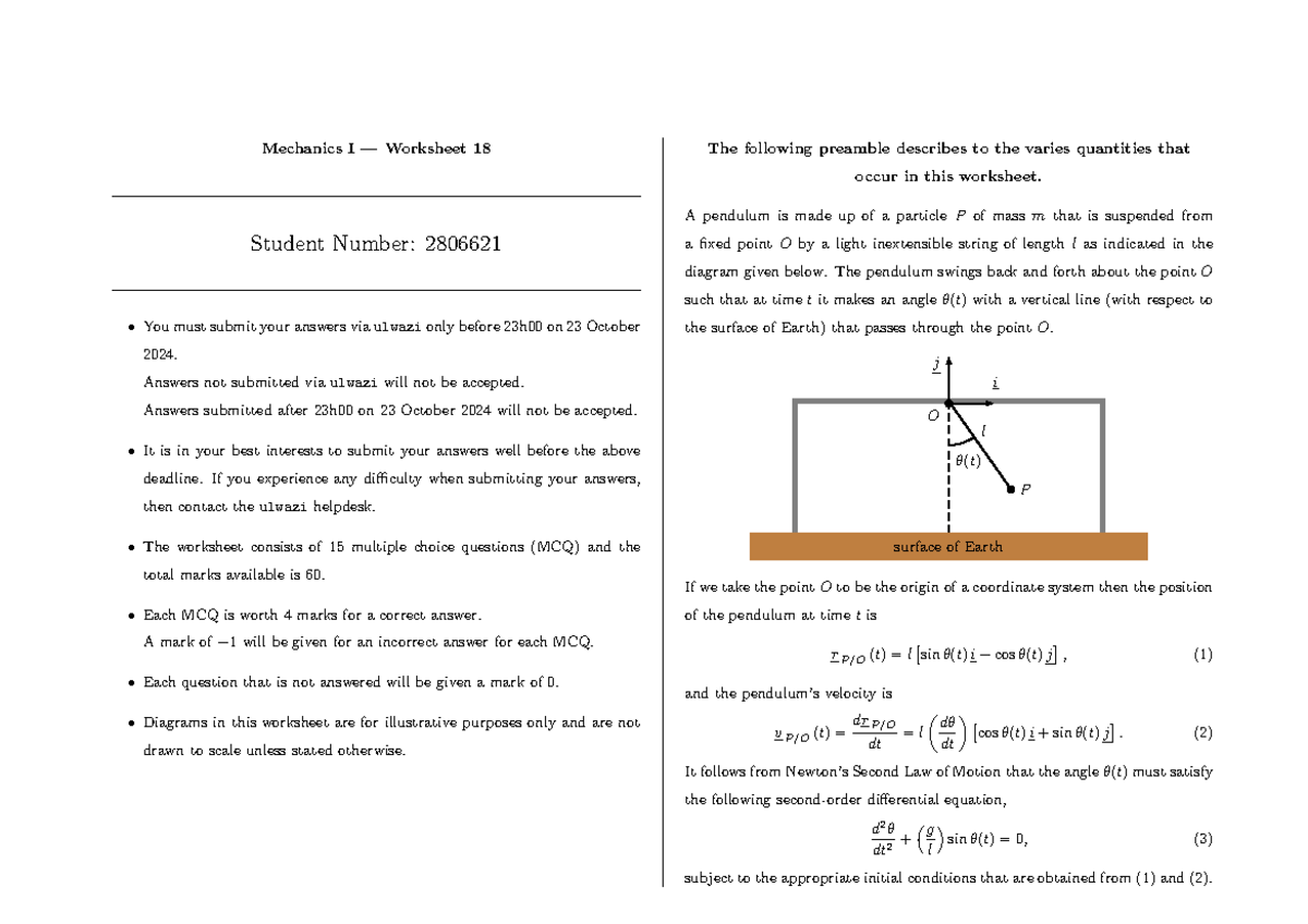 Mechanics I - Worksheet 18: Pendulum Motion Analysis and MCQs - Studocu