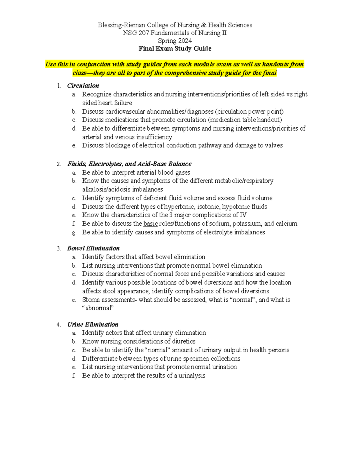 NSG 207 Fundamentals of Nursing II Spring 2024 Final Exam Study Guide - Studocu
