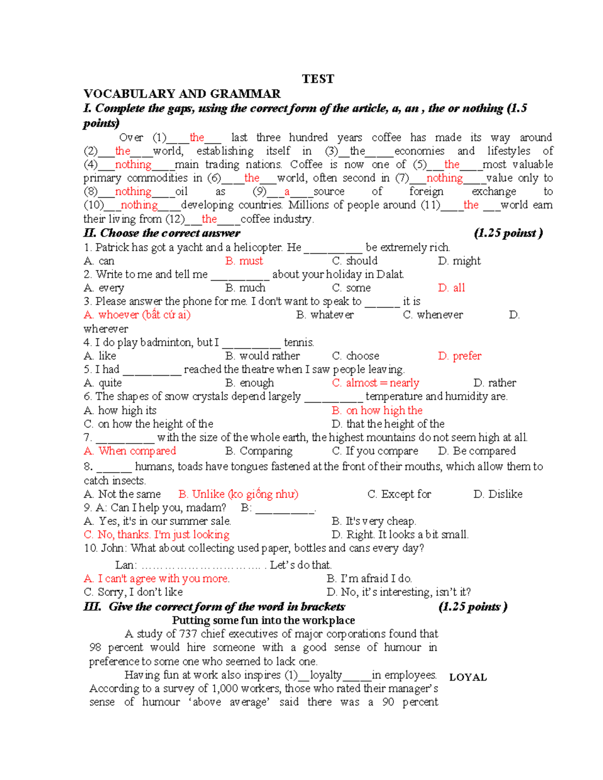 TEST VOCABULARY AND GRAMMAR I: Practice 70 - Studocu