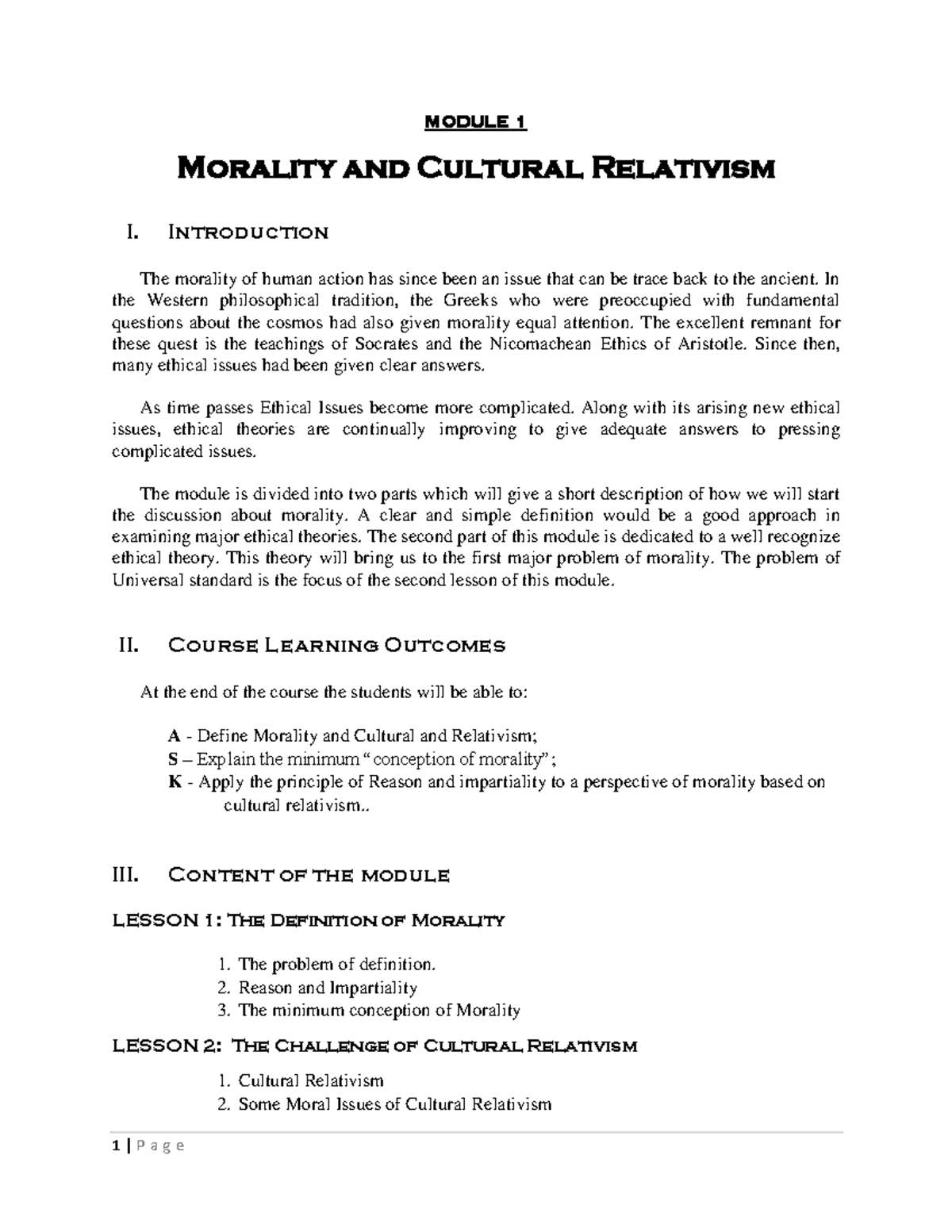 Module 1: Morality and Cultural Relativism - Ethics Overview - Studocu