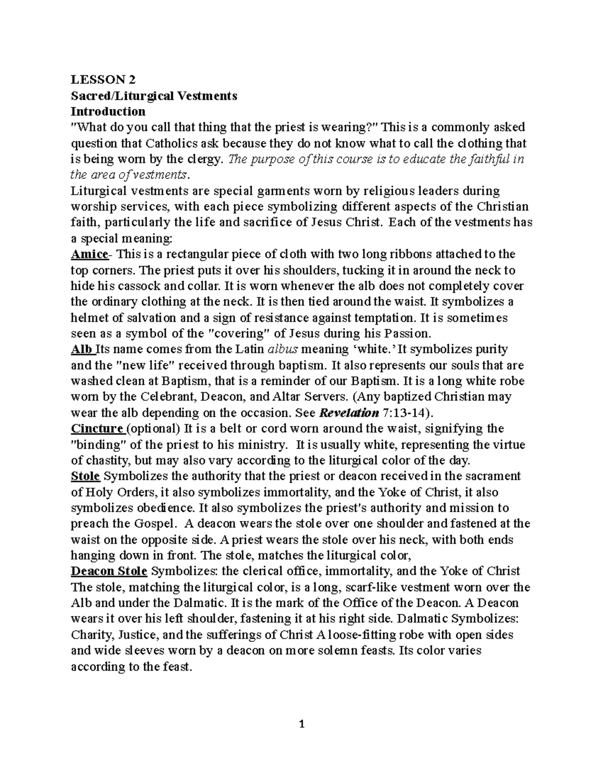 Lesson 2 notes - m hmyhj - LESSON 2 Sacred/Liturgical Vestments ...