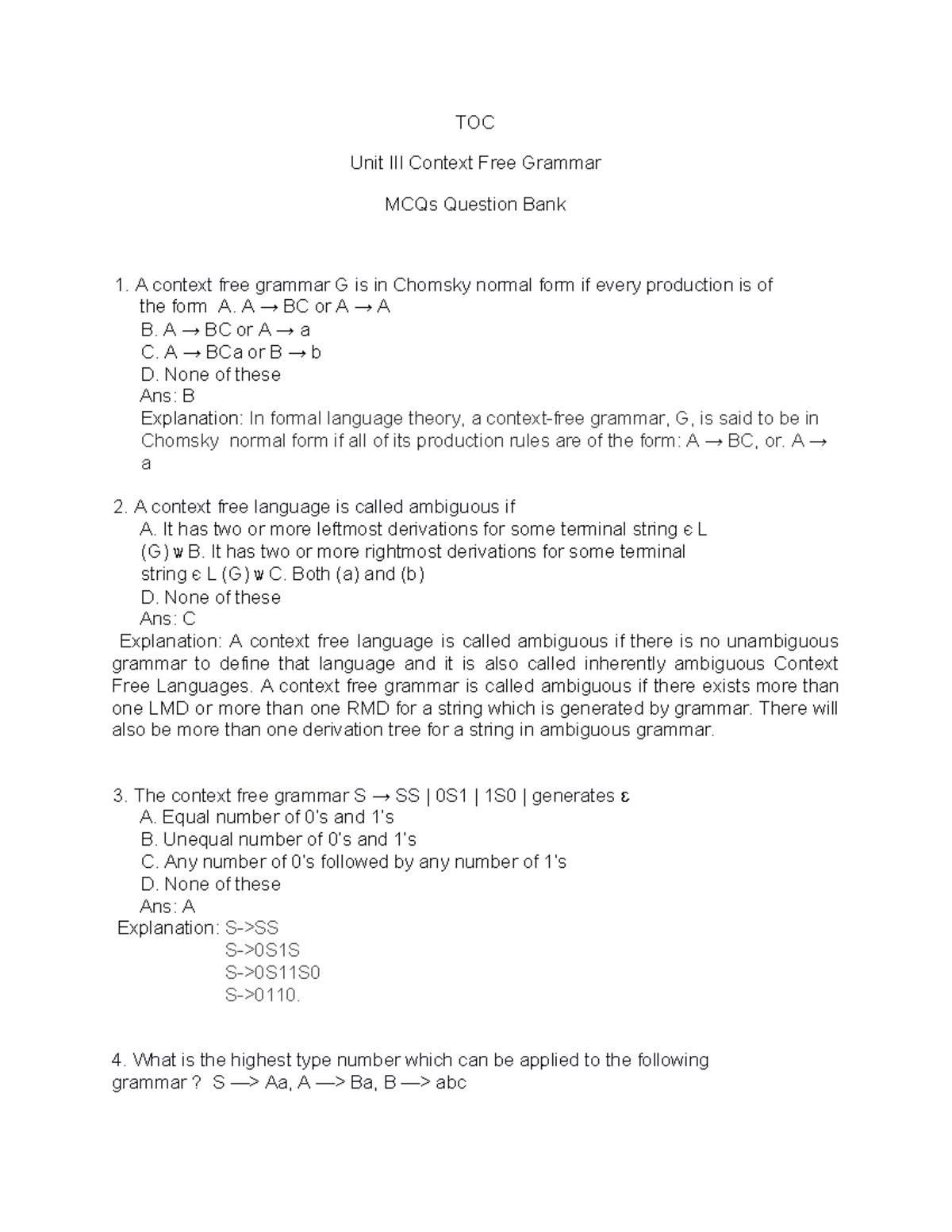 TOC Unit 3 MCQ QB - bddb - TOC Unit III Context Free Grammar MCQs ...