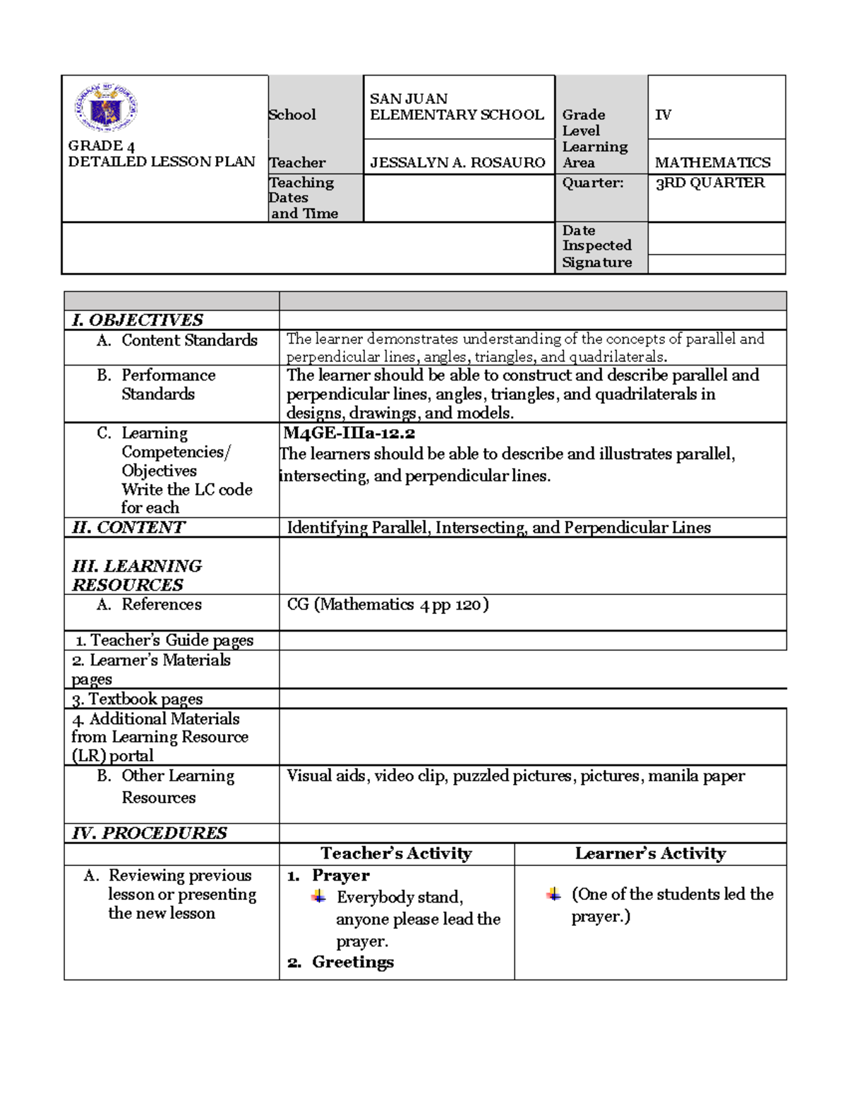 Detailed Lesson Plan on Lines for Grade 4 (Mathematics 4) - Studocu