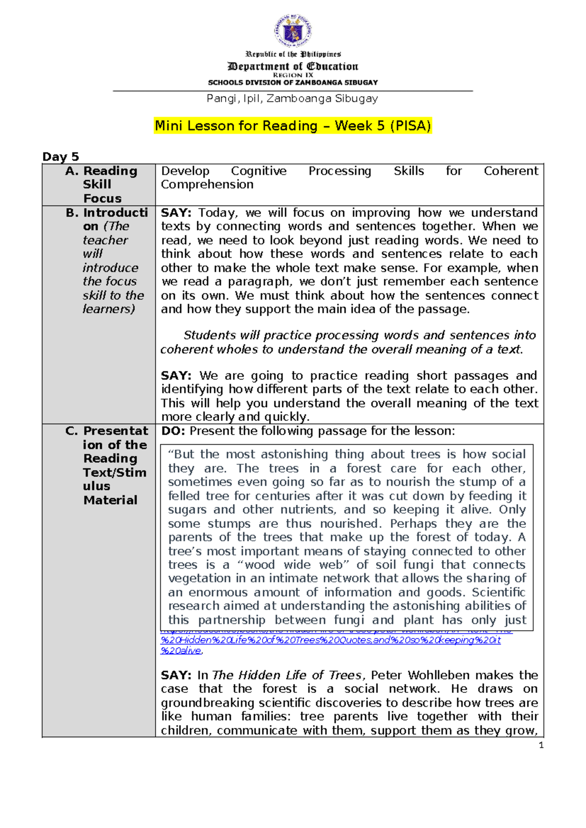 Week5 Day5 PISA Mini Lesson Reading-Fluency - Mini Lesson for Reading ...