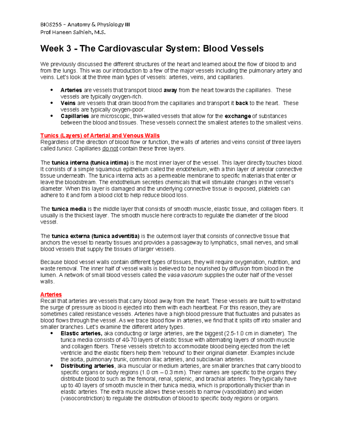 BIOS255 Week 3 Lecture Notes: The Cardiovascular System & Blood Vessels ...