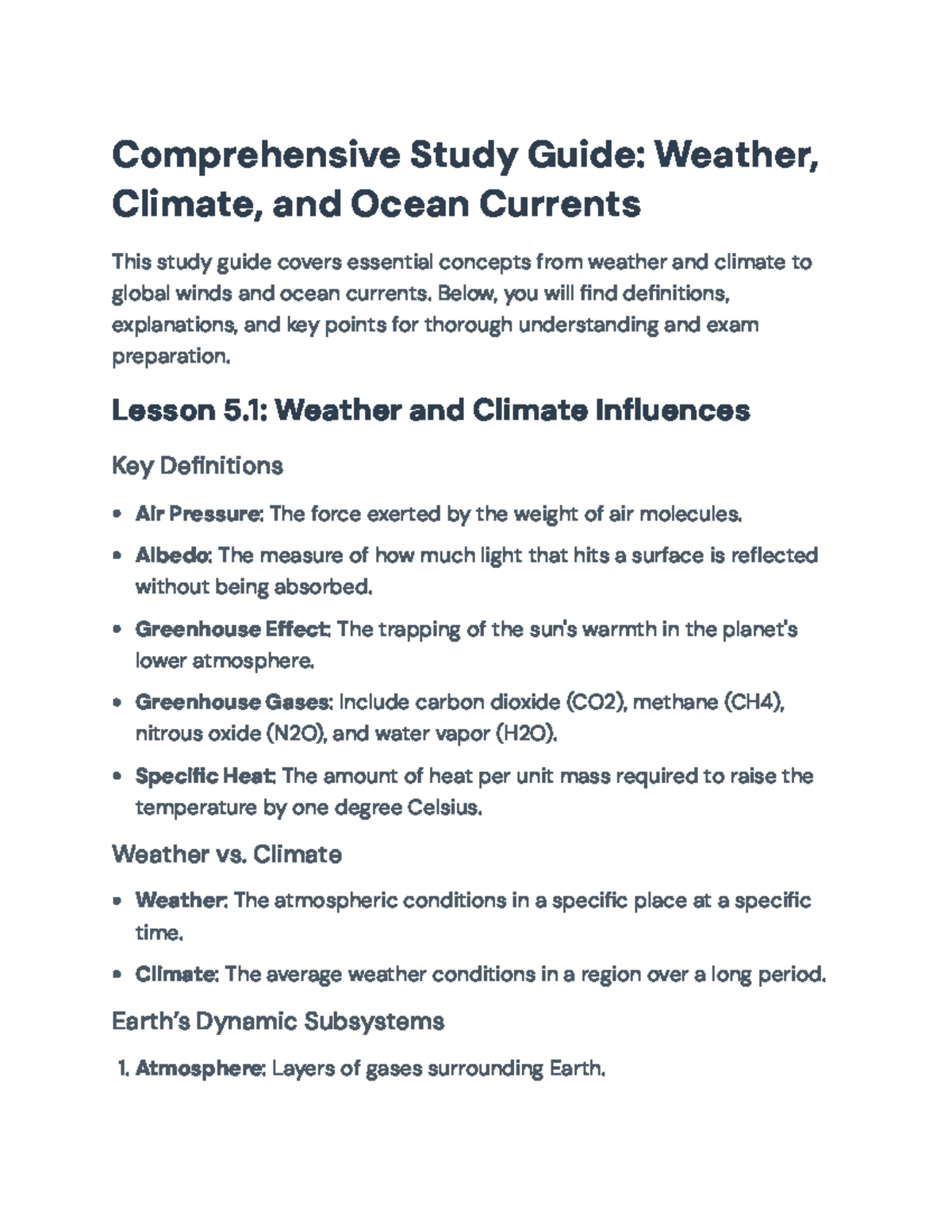 Comprehensive Study Guide: Weather, Climate & Ocean Currents (Course ...