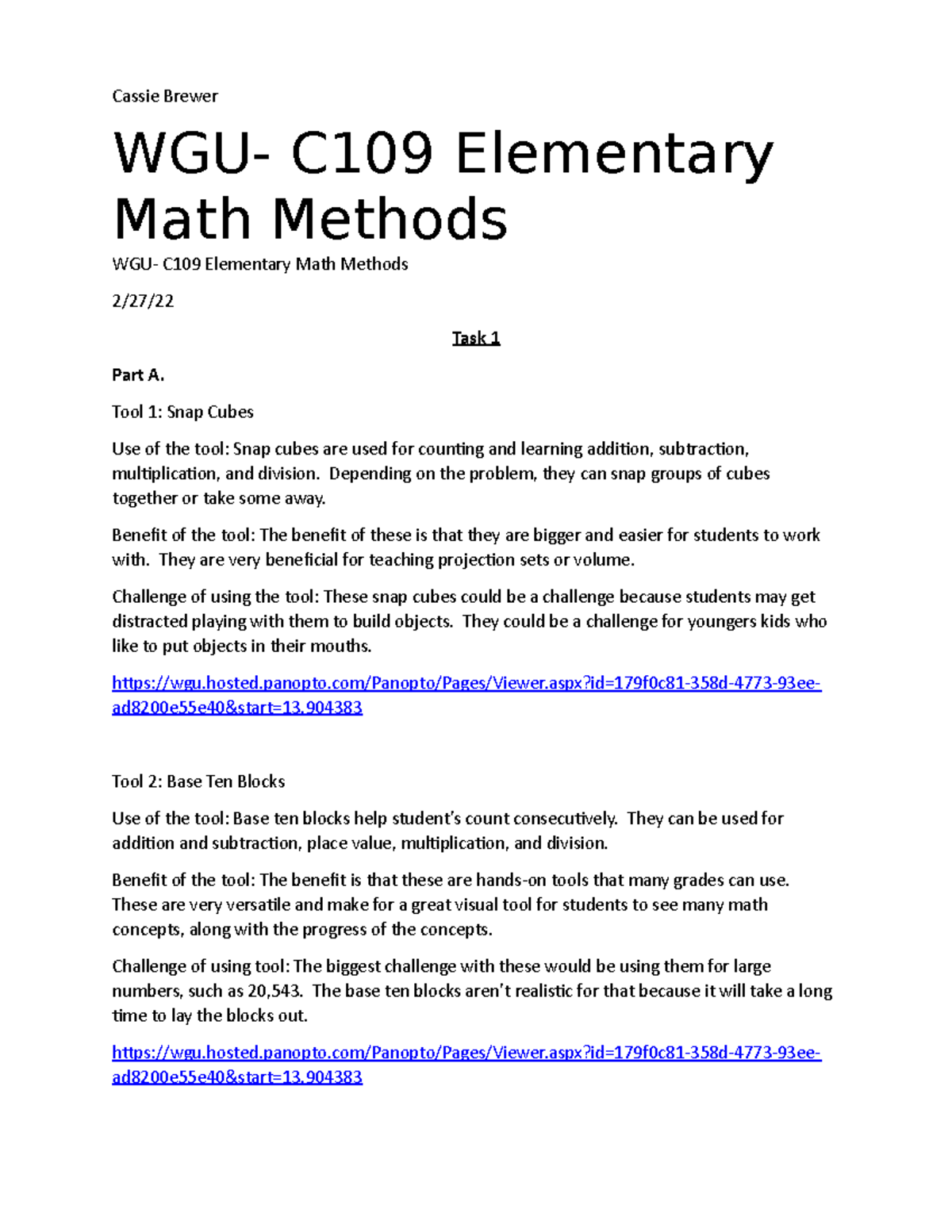 Task 1 Math Methods Lesson Plan - Cassie Brewer WGU- C109 Elementary Math Methods WGU- C109 ...