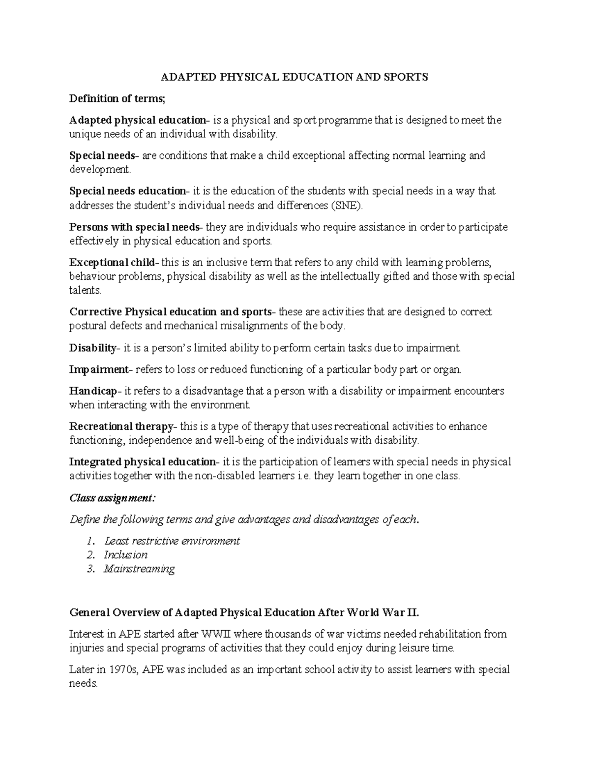 ADAPTED PHYSICAL EDUCATION AND SPORTS: Definitions, History, and ...