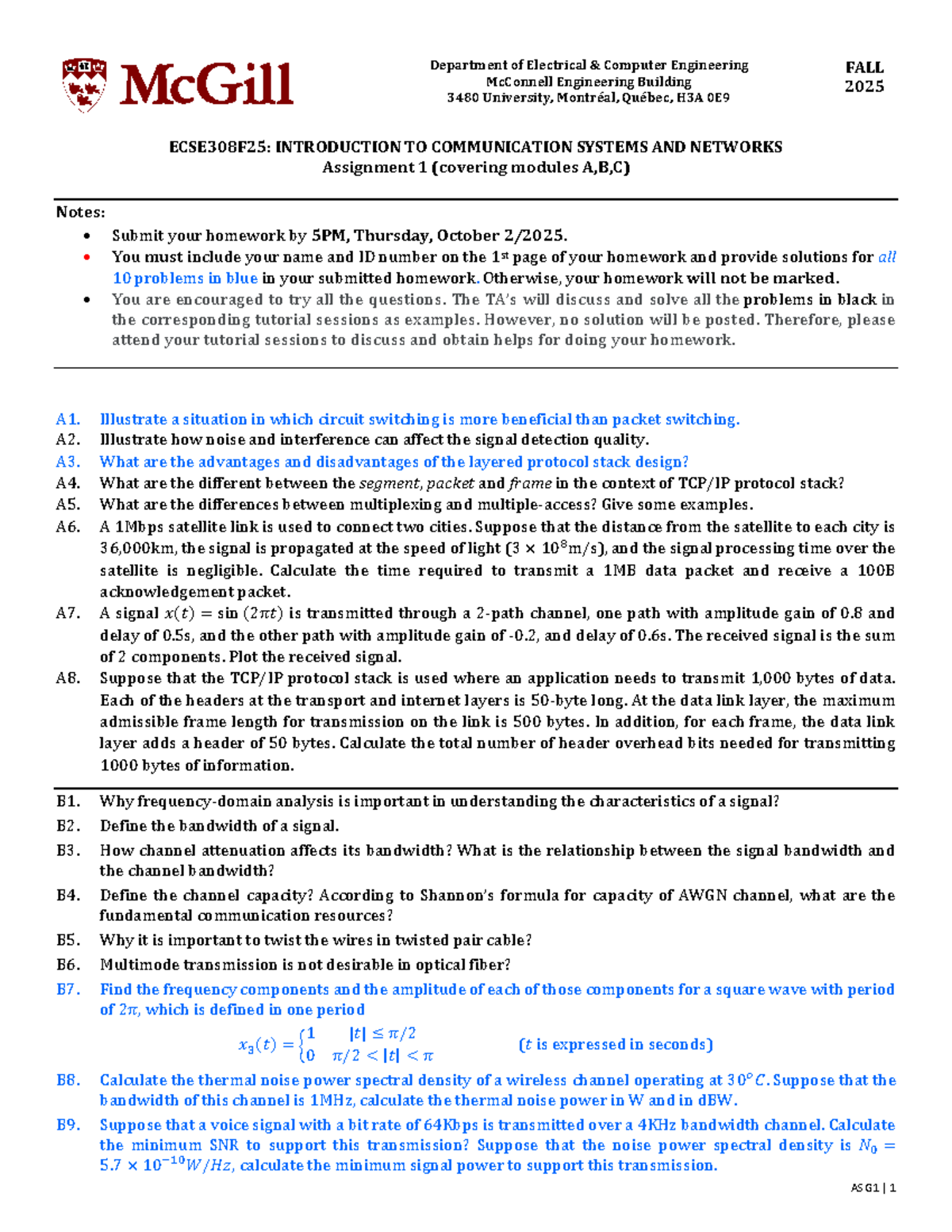 ECSE308F25: Assignment 1 - Communication Systems & Networks Notes - Studocu