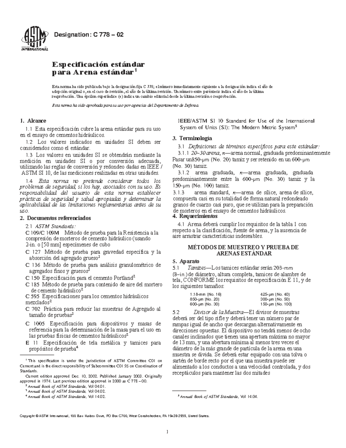 Especificación Estándar ASTM C 778 para Arena en Ensayos de Cemento ...