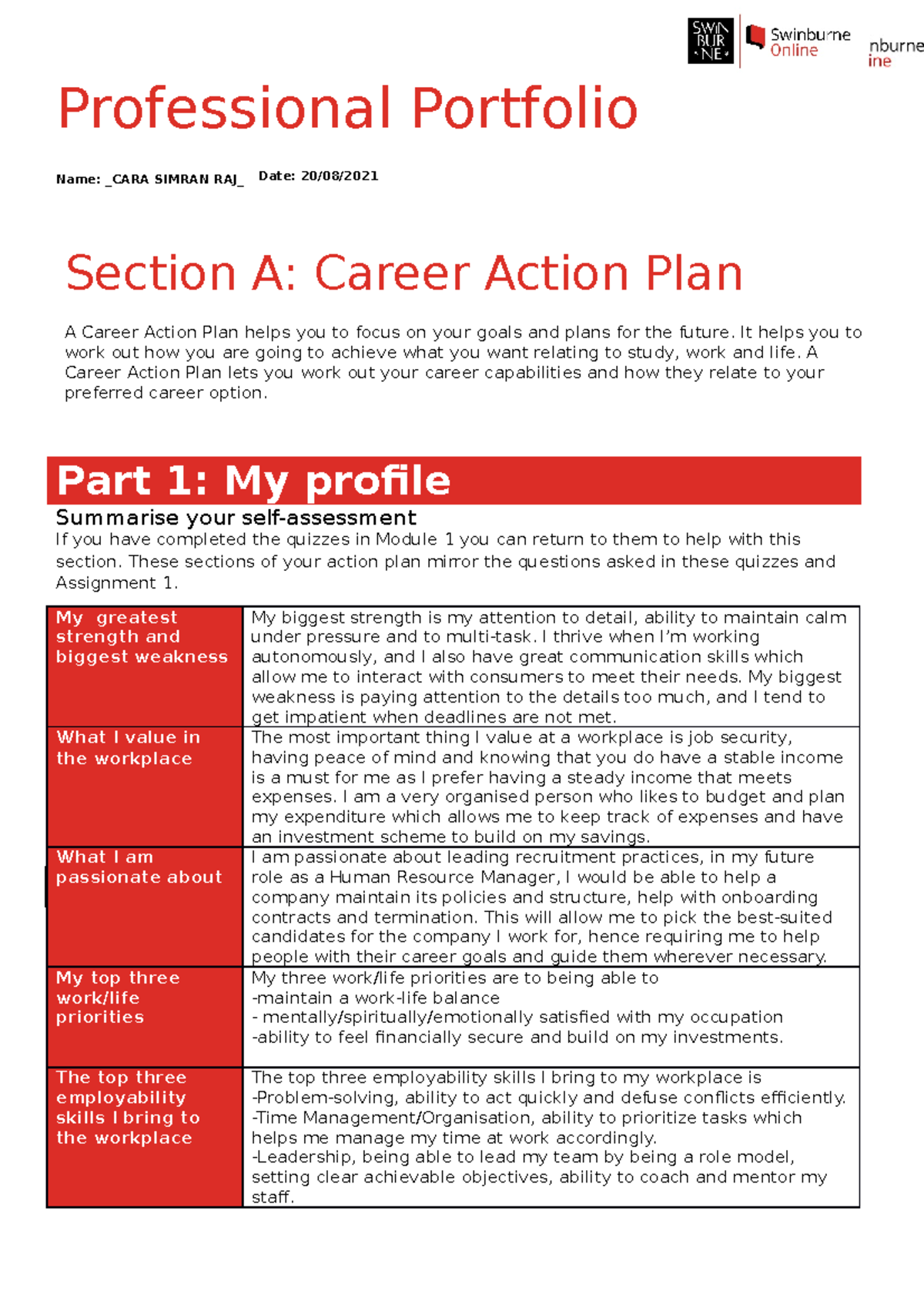 CAR10001 Professional Portfolio Assignment 3-3: Career Action Plan ...