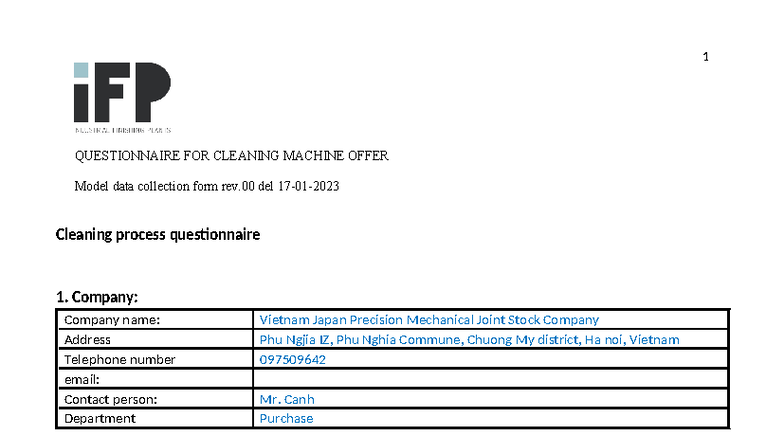 IFP Cleaning Process Questionnaire for VJPM Model Data Collection - Studocu