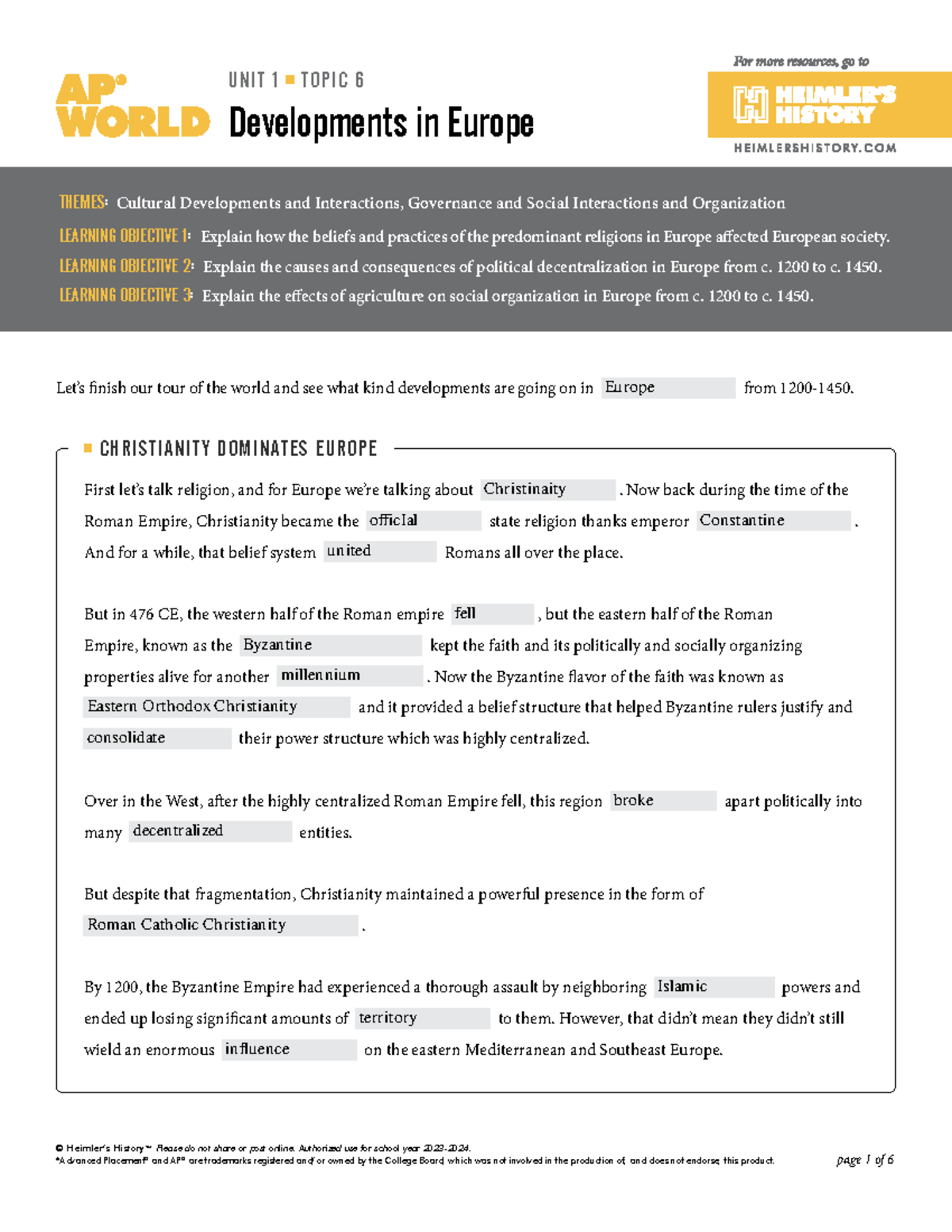 AP World Unit 1 Topic 6: Developments in Europe - Religion & Politics ...