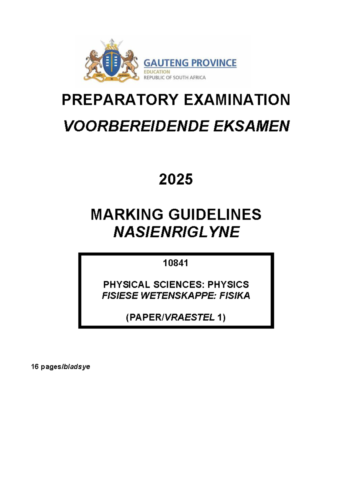 Marking Guidelines for 10841 Physical Sciences P1 Exam - Studocu