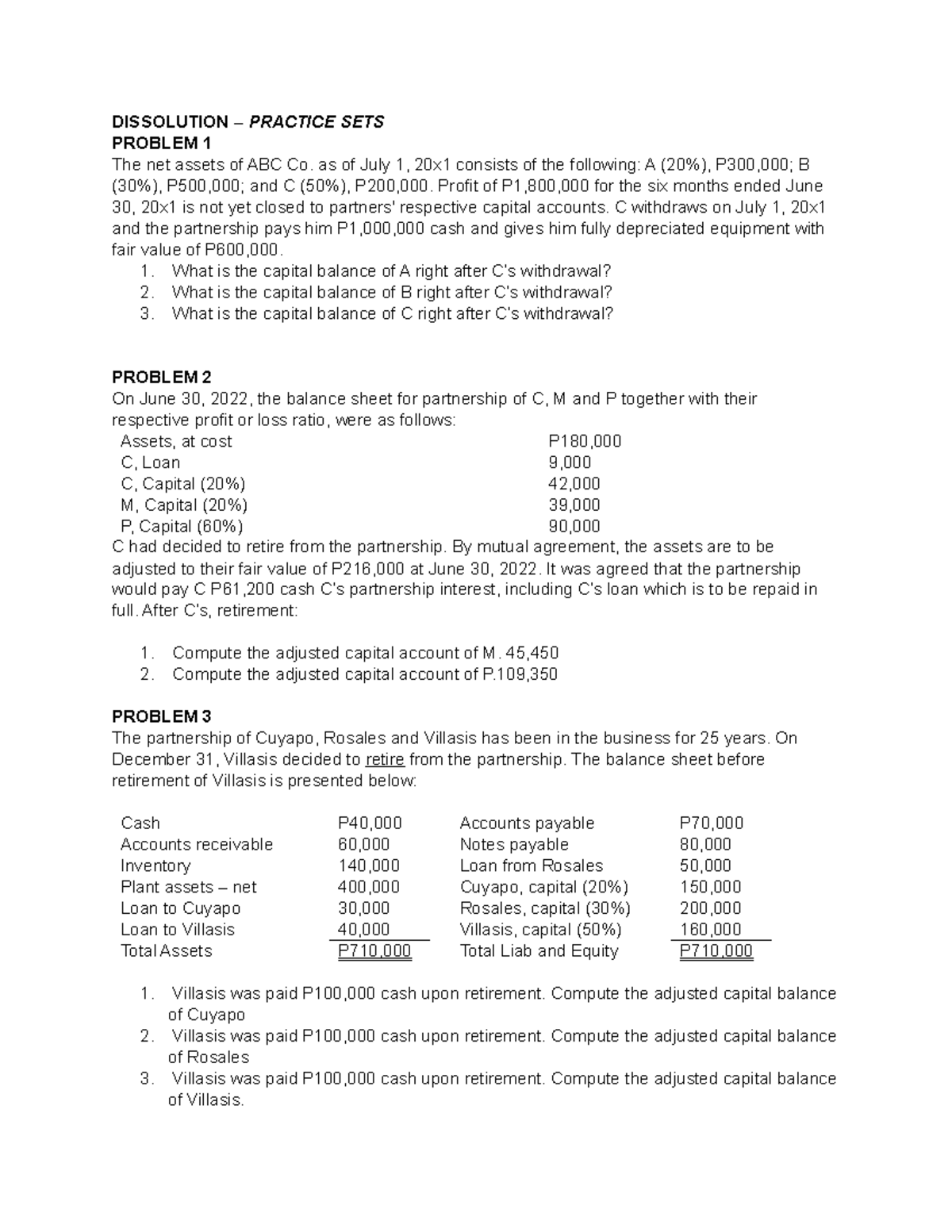DISSOLUTION PRACTICE SETS: PROBLEMS & SOLUTIONS - Studocu