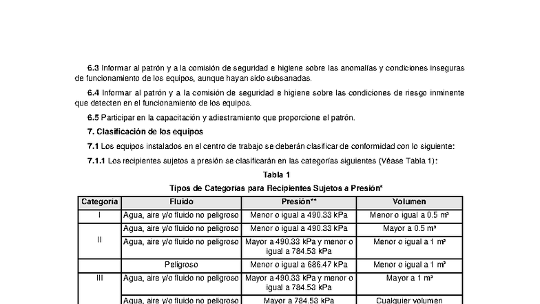 NOM 020-STPS: Clasificación de Recipientes y Seguridad en Equipos - Studocu