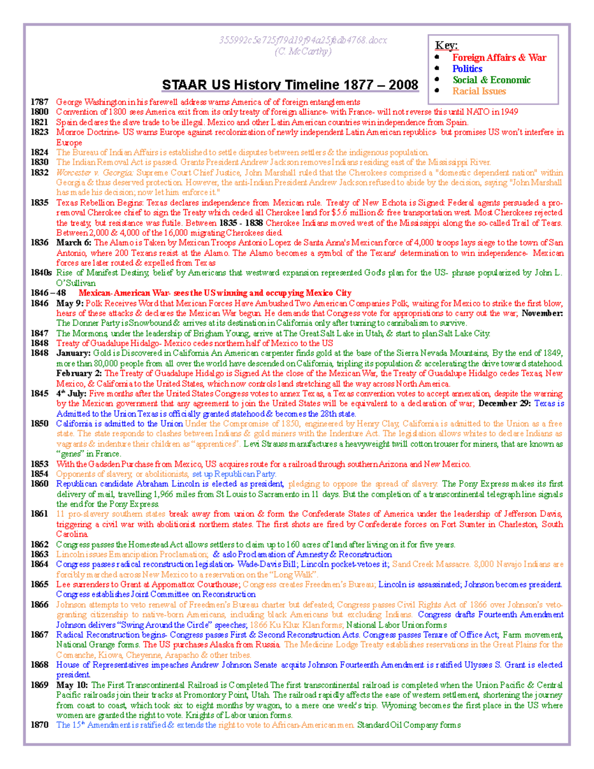 Staar US History Timeline 1877 - 2008 - (C. McCarthy) STAAR US History ...
