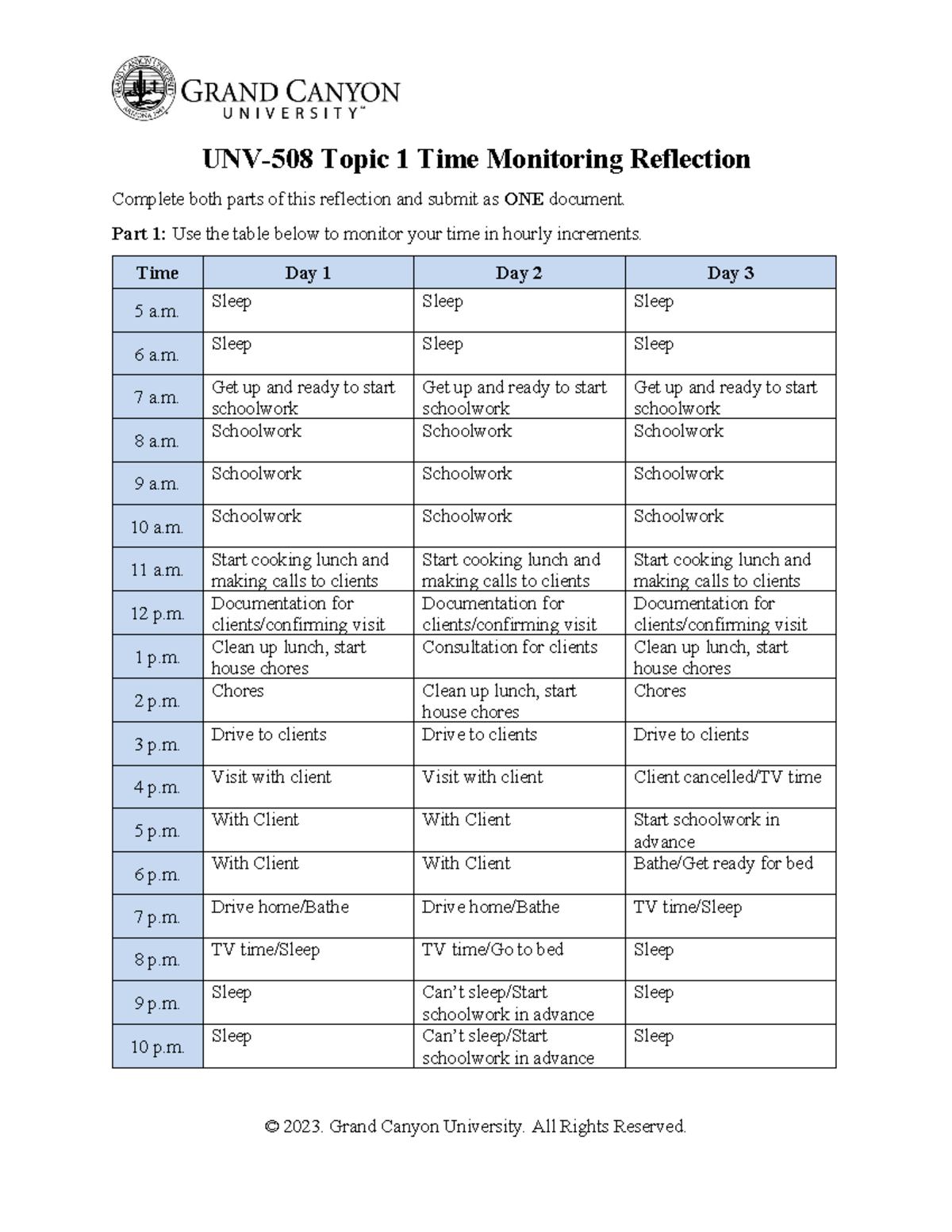 UNV 508 RS T1 Time Monitoring Reflection and Analysis - Studocu