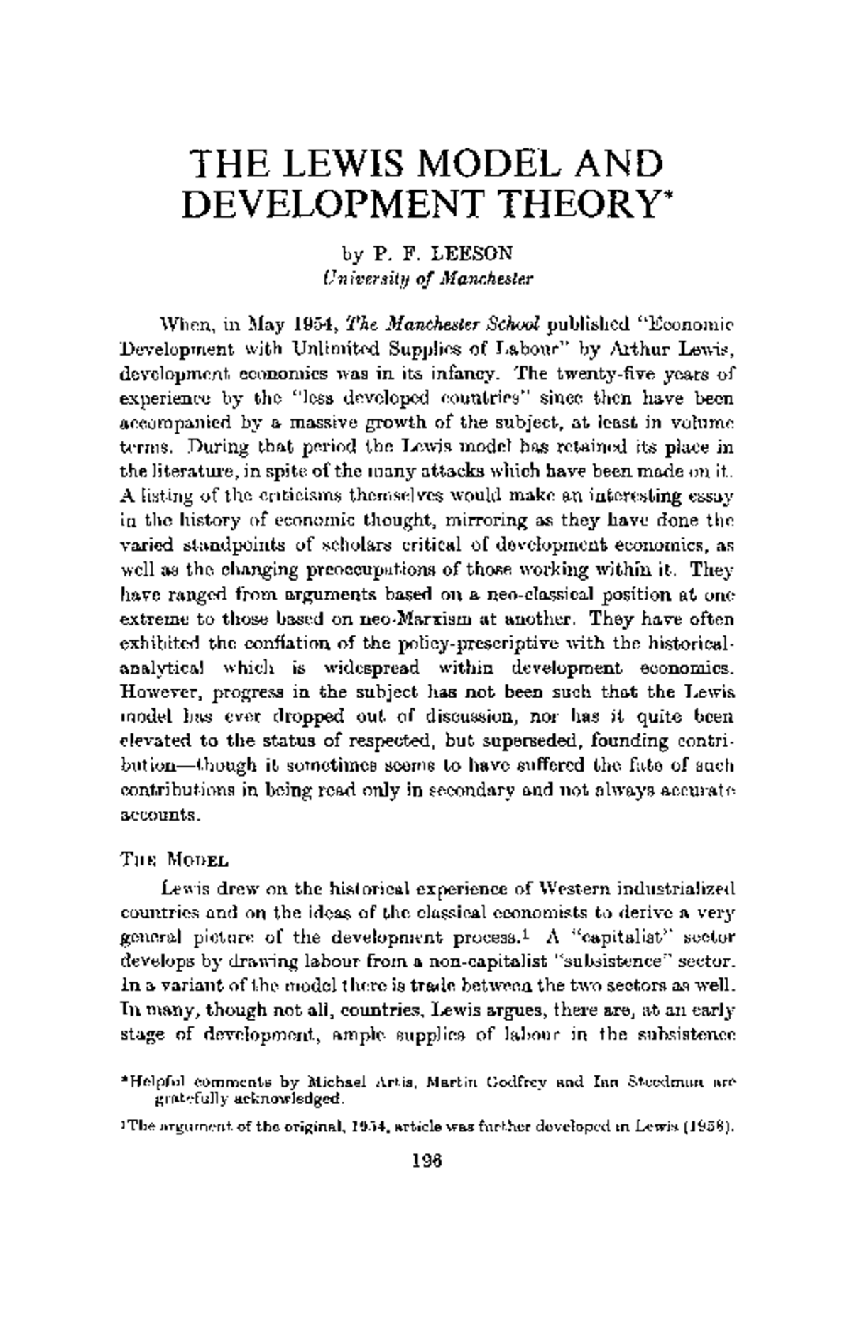 The Lewis Model and Development Economics: A Critical Analysis - Studocu