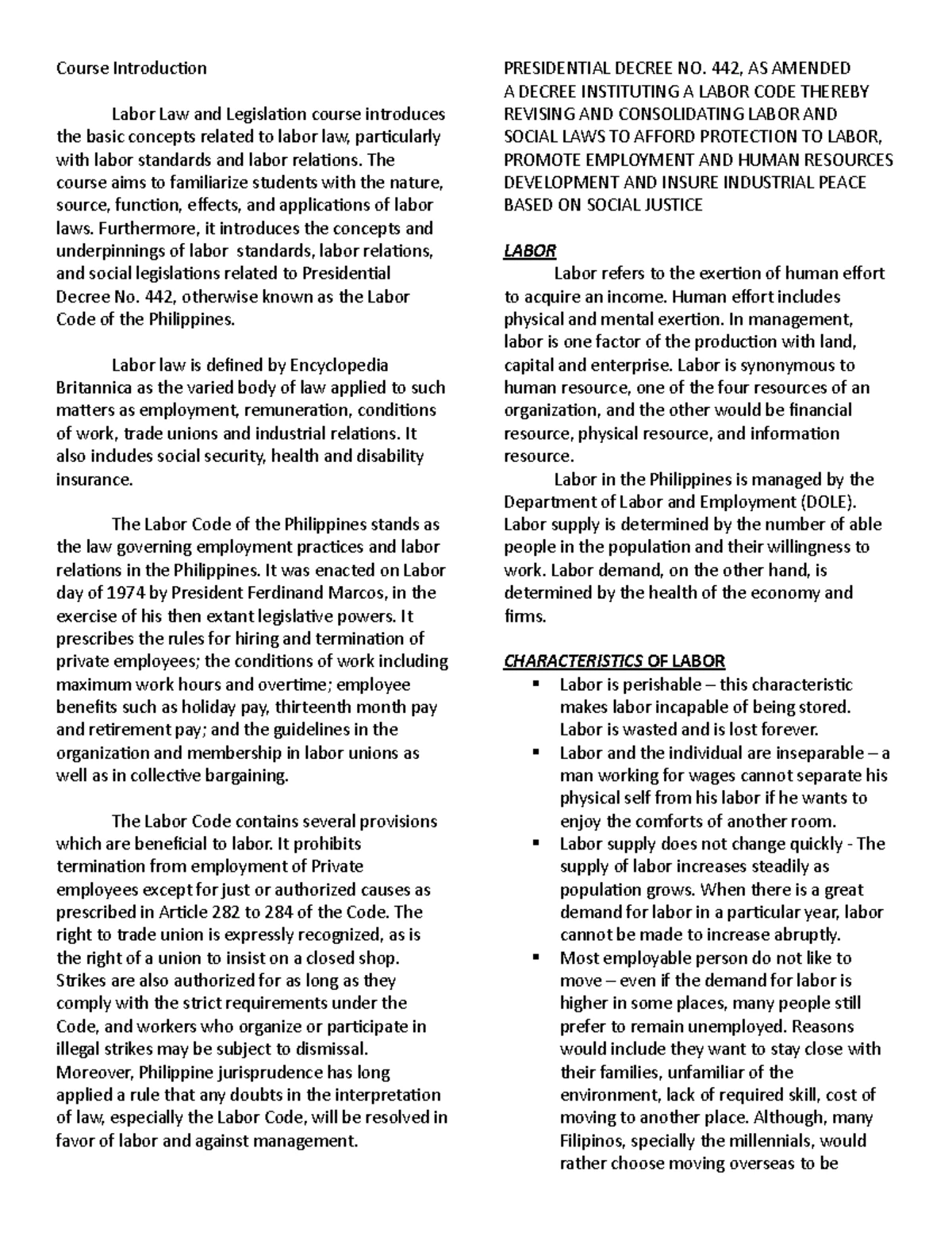 Labor Law and Legislation Module Summary - LABOR LAW AND LEGISLATION ...