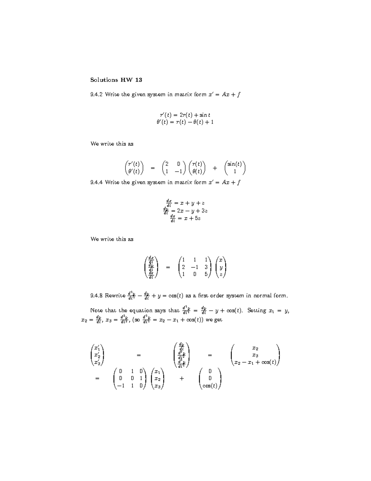 HW 13 Solutions: Matrix Form, Eigenvalues, and Linear Systems - Studocu