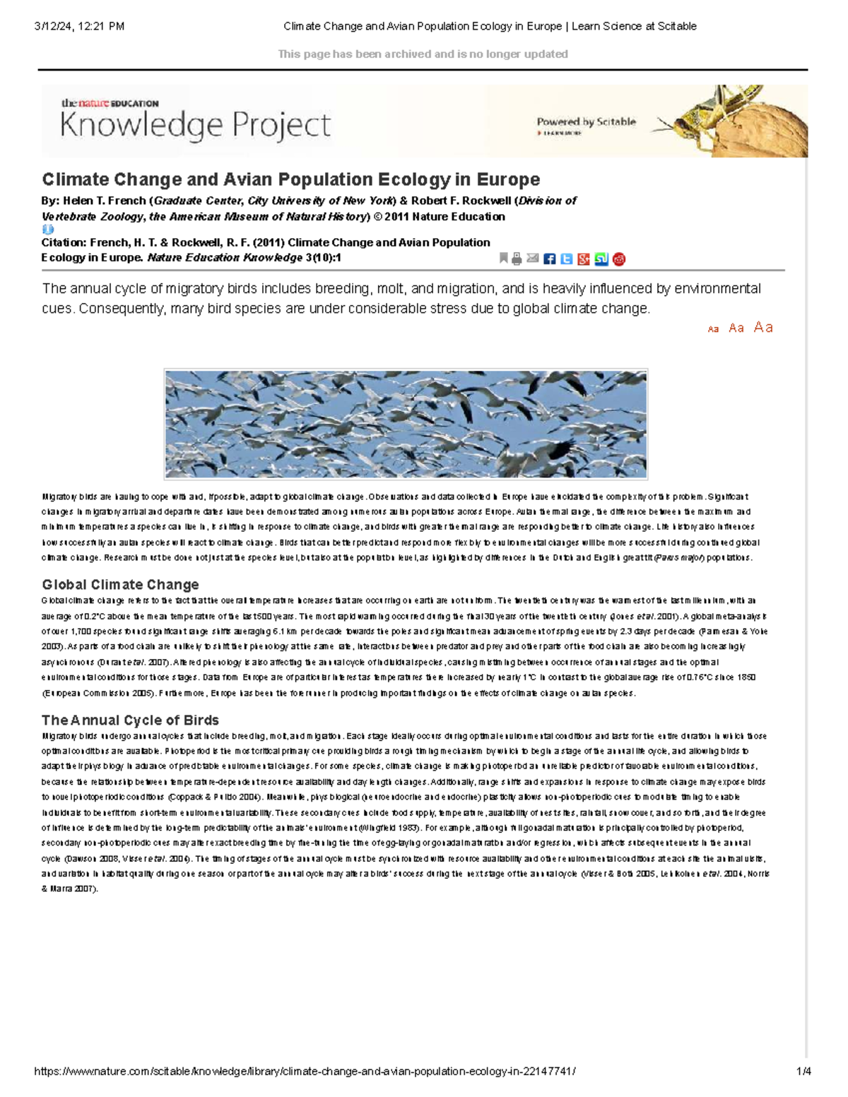 Climate Change and Avian Population Ecology in Europe - By: Helen T ...