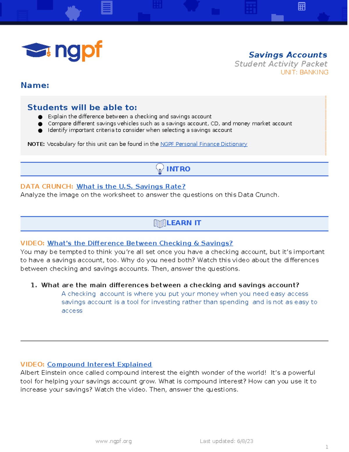 Savings Accounts Student Activity Packet REV copy - Savings Accounts ...