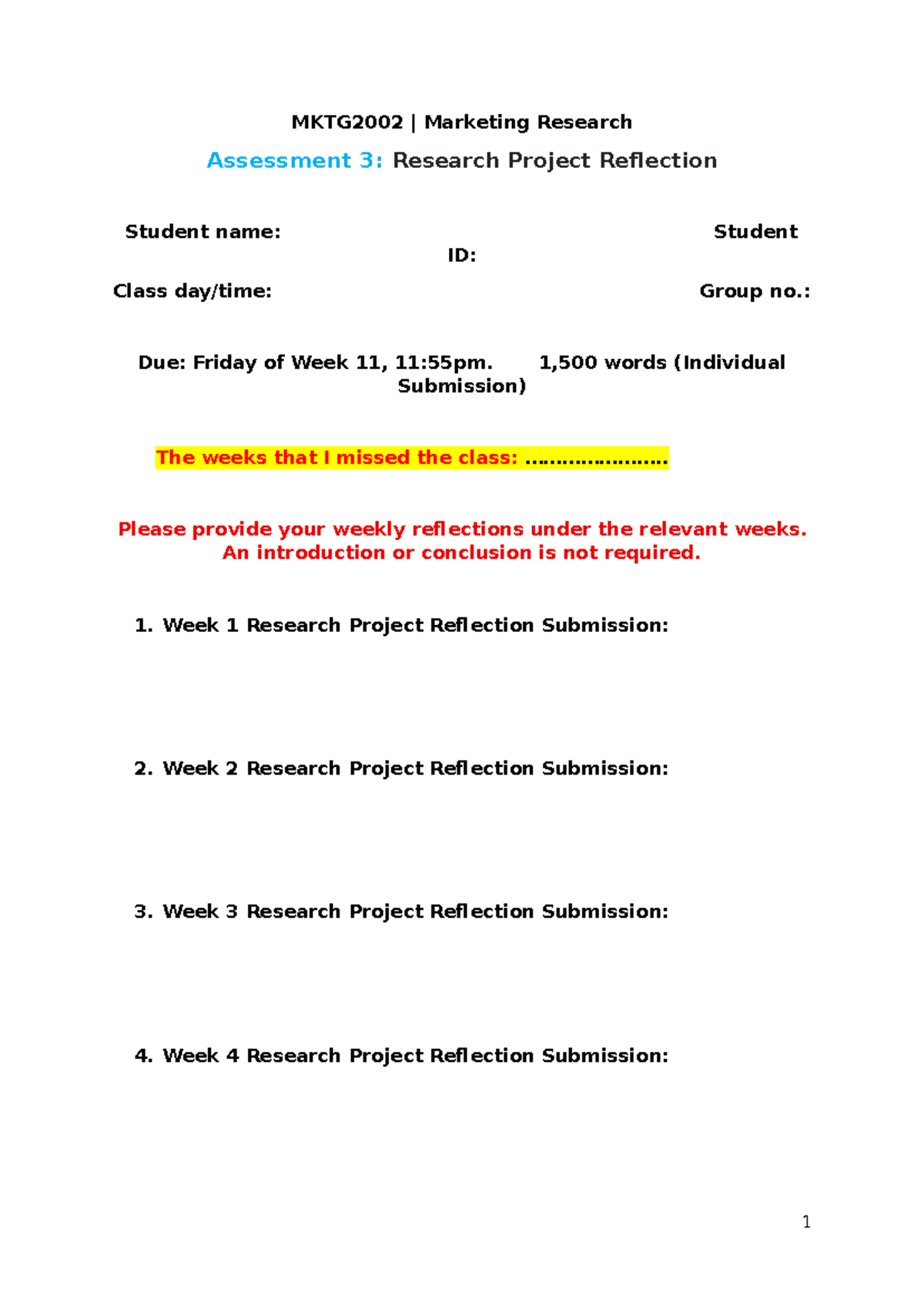 MKTG2002 Assessment 3: Weekly Reflections on Research Project - Studocu