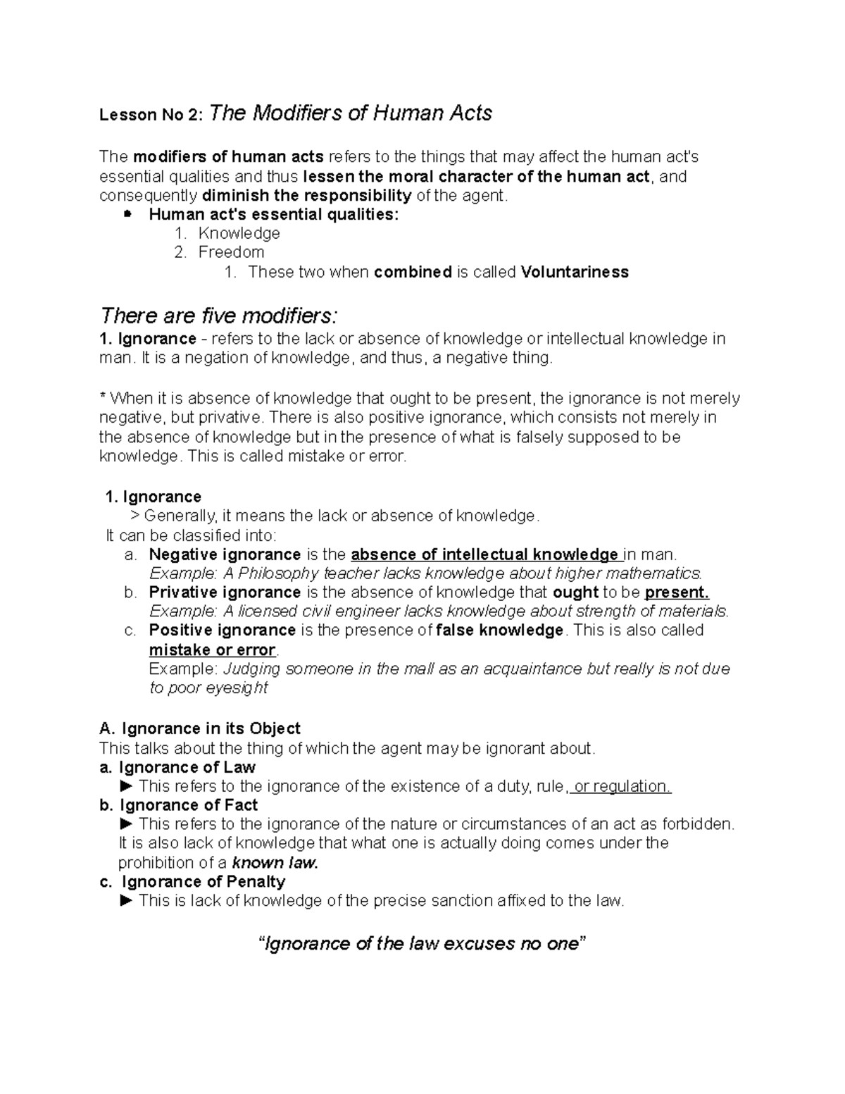 Ethics Lecture Notes on Human Act Modifiers (PHILO031) - Studocu