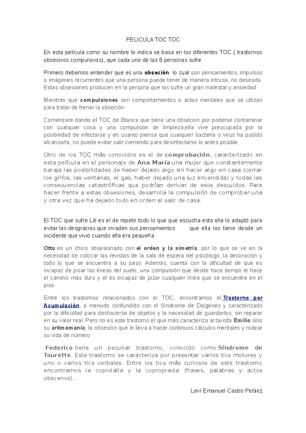 Análisis de TOC en la Película "TOC TOC": Resumen Psicológico - Studocu