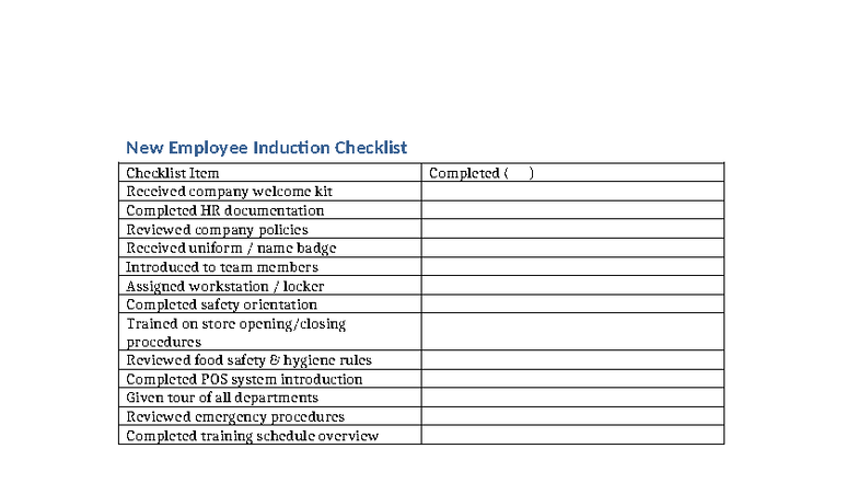 New Employee Induction Checklist P1 Unit 12 New Employee