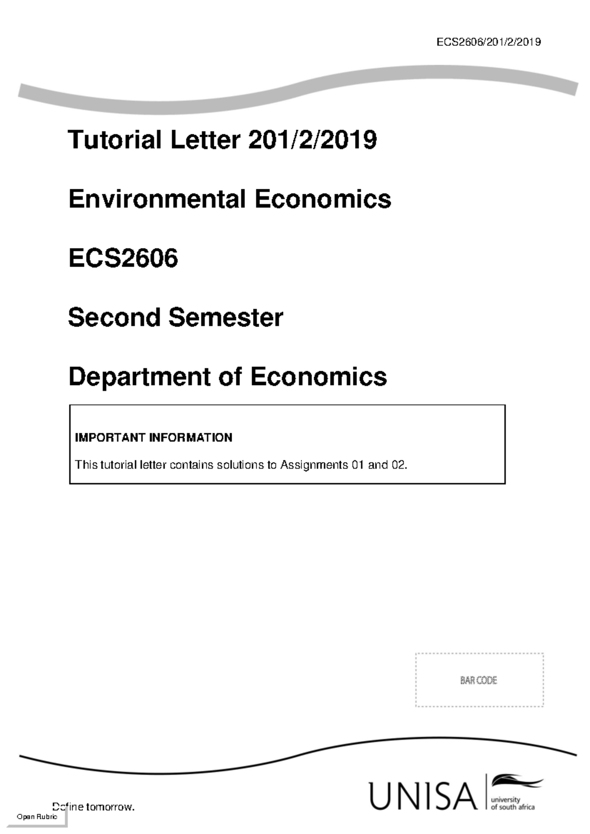 Tutorial 3 Answers - ECS 2606 / 201 / 2 /201 9 Tutorial Letter 201/ 2 / Environmental Economics ...