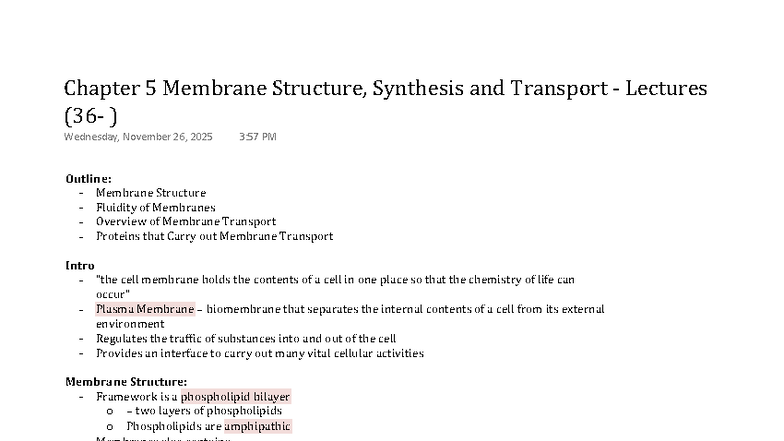 Chapter 5: Membrane Structure, Fluidity & Transport Processes - Studocu