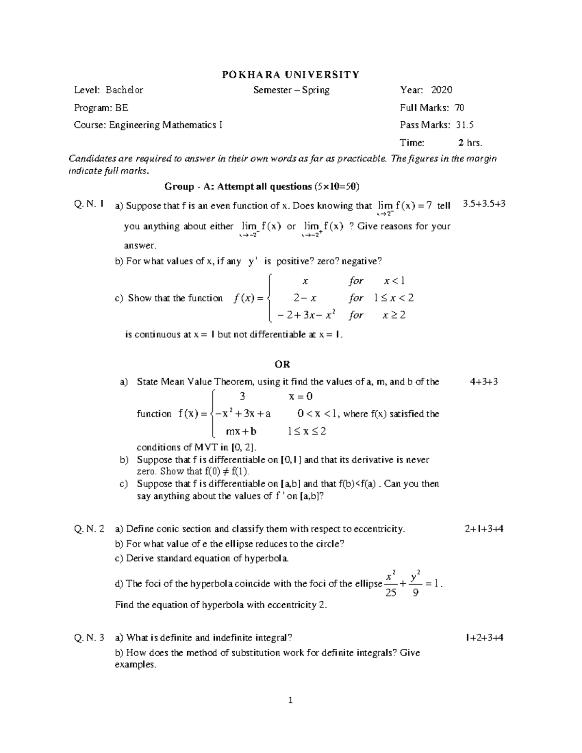 Engineering Mathematics I - Exam Questions (BE Spring 2020) - 1 POKHARA UNIVERSITY Level ...