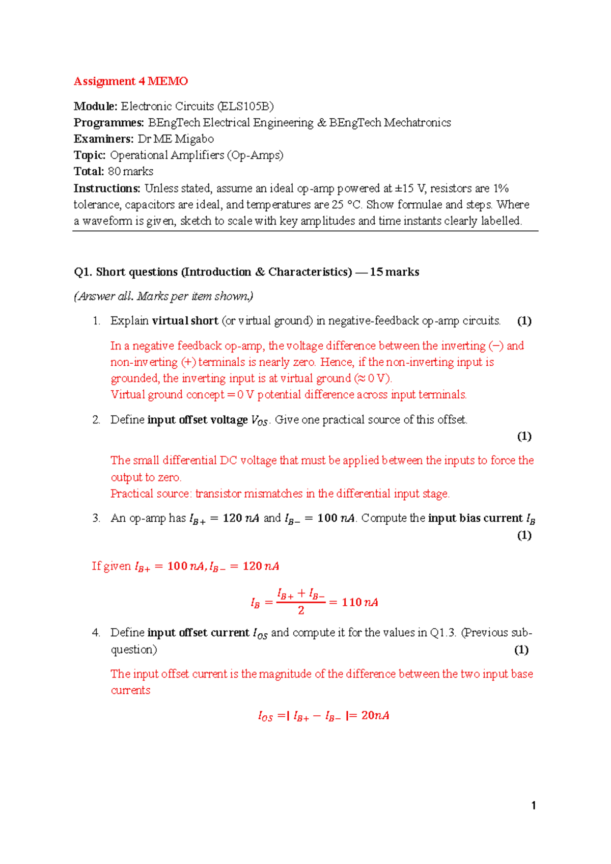 ELS105B 2025 Assignment 4 - MEMO on Operational Amplifiers - Studocu