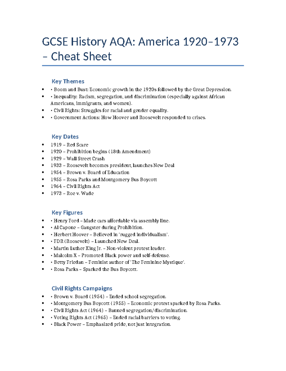 AQA GCSE History: America Cheat Sheet on Key Themes & Events - Studocu