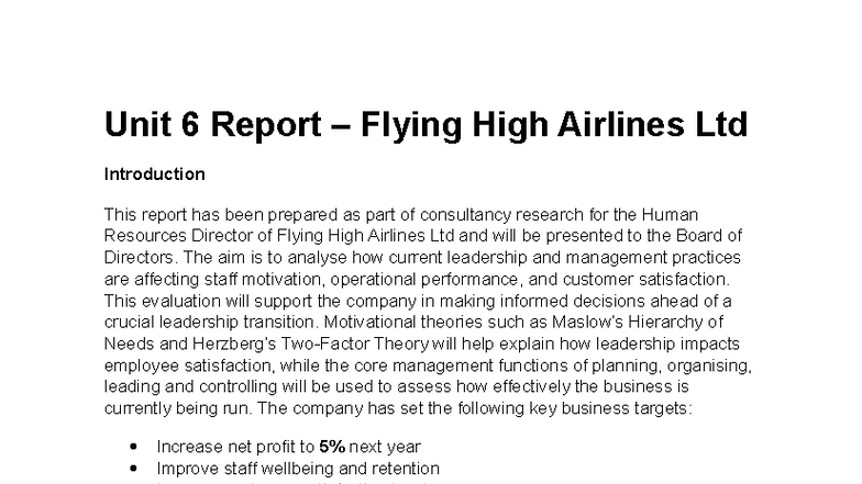 Unit 6 Report: Leadership & Management Analysis for Flying High ...
