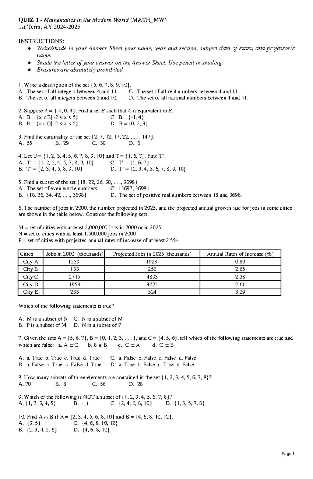 QUIZ1 MMW T12024-25 - Quiz 1 MMW - QUIZ 1 - Mathematics in the Modern World (MATH_MW) 1st Term ...