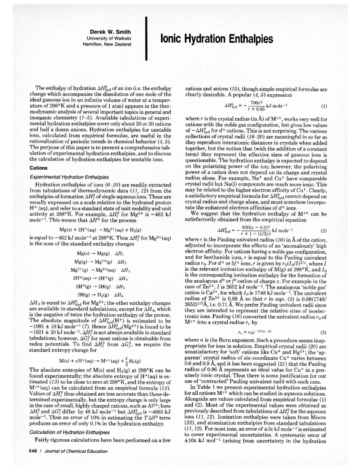 Ionic Hydration Enthalpies: Comprehensive Analysis and Calculations ...